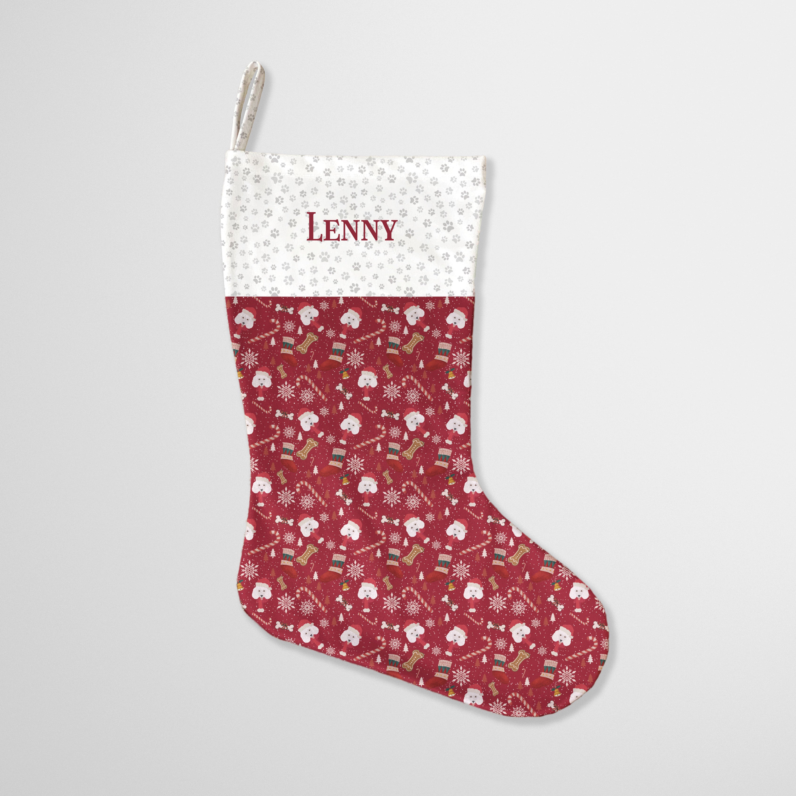 Personalised Poodle Dog Print Christmas Stocking - Windsor & White